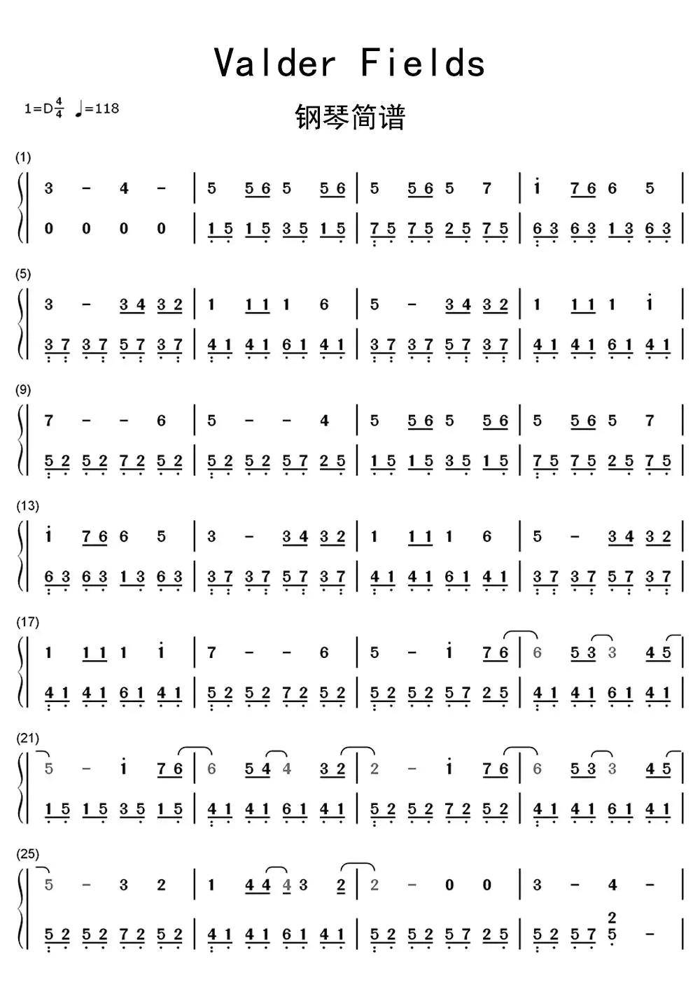 Valder Fields钢琴简谱乐谱调六线简谱-虫虫吉他谱免费下载